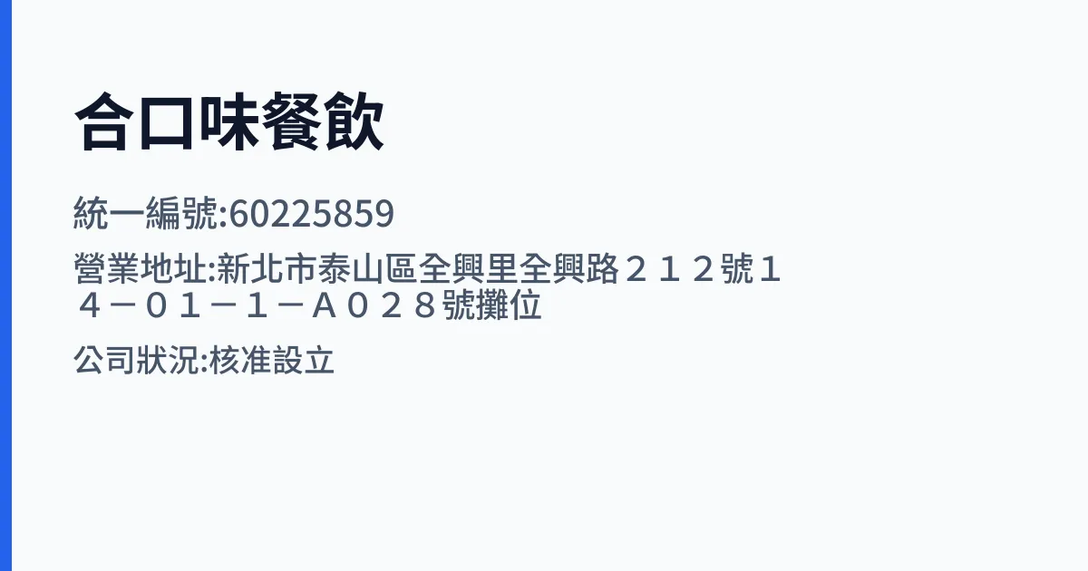 合口味餐飲 - 統編 60225859(新北市) 公司登記資料與營業項目詳細圖表