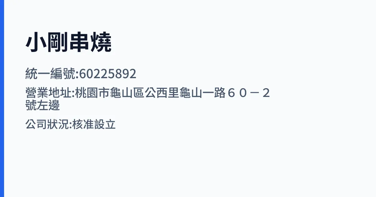 小剛串燒 - 統編 60225892(桃園市) 公司登記資料與營業項目詳細圖表