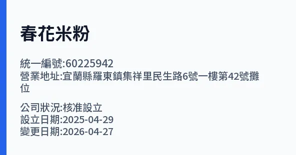 春花米粉的照片-統編 60225942(宜蘭縣) 公司登記資料與營業項目詳細圖表