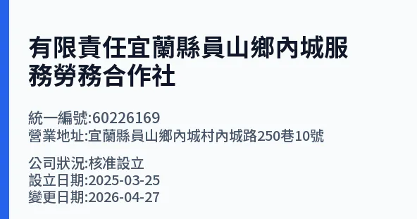 有限責任宜蘭縣員山鄉內城服務勞務合作社的照片-統編 60226169(宜蘭縣) 公司登記資料與營業項目詳細圖表