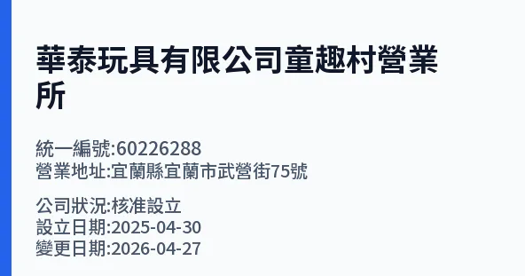 華泰玩具有限公司童趣村營業所的照片-統編 60226288(宜蘭縣) 公司登記資料與營業項目詳細圖表