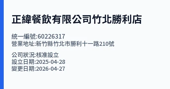 正緯餐飲有限公司竹北勝利店的照片-統編 60226317(新竹縣) 公司登記資料與營業項目詳細圖表