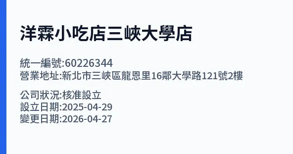 洋霖小吃店三峽大學店的照片-統編 60226344(新北市) 公司登記資料與營業項目詳細圖表