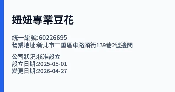 妞妞專業豆花的照片-統編 60226695(新北市) 公司登記資料與營業項目詳細圖表