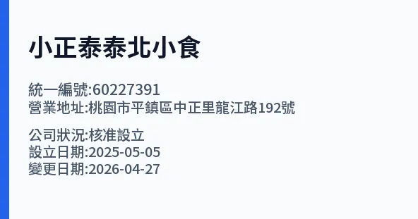 小正泰泰北小食的照片-統編 60227391(桃園市) 公司登記資料與營業項目詳細圖表