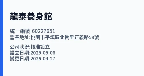 龍泰養身館的照片-統編 60227651(桃園市) 公司登記資料與營業項目詳細圖表