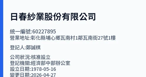 日春紗業股份有限公司的照片-統編 60227895(彰化縣) 公司登記資料與營業項目詳細圖表