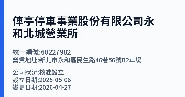 俥亭停車事業股份有限公司永和北城營業所的照片-統編 60227982(新北市) 公司登記資料與營業項目詳細圖表