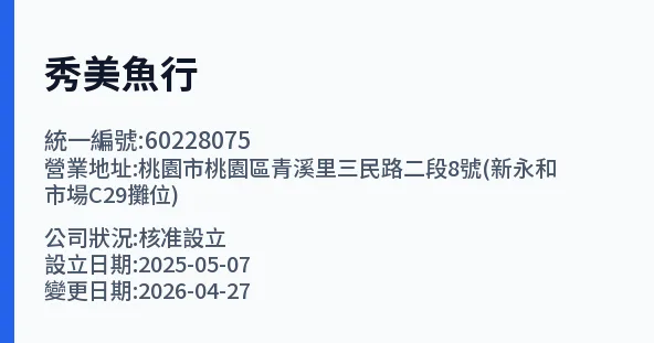 秀美魚行的照片-統編 60228075(桃園市) 公司登記資料與營業項目詳細圖表