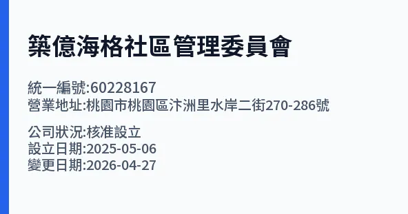築億海格社區管理委員會的照片-統編 60228167(桃園市) 公司登記資料與營業項目詳細圖表