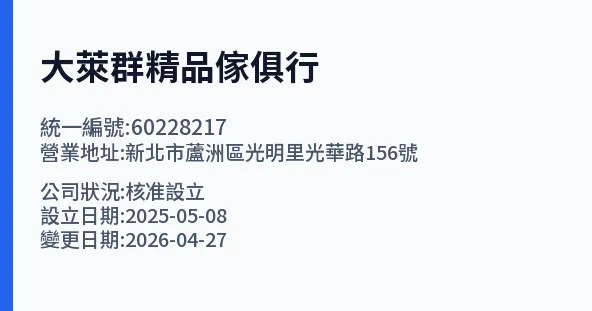 大萊群精品傢俱行的照片-統編 60228217(新北市) 公司登記資料與營業項目詳細圖表