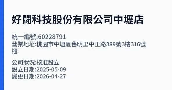 好鬪科技股份有限公司中壢店的照片-統編 60228791(桃園市) 公司登記資料與營業項目詳細圖表