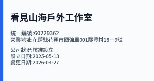看見山海戶外工作室的照片-統編 60229362(花蓮縣) 公司登記資料與營業項目詳細圖表
