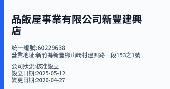 品飯屋事業有限公司新豐建興店的照片-統編 60229638(新竹縣) 公司登記資料與營業項目詳細圖表