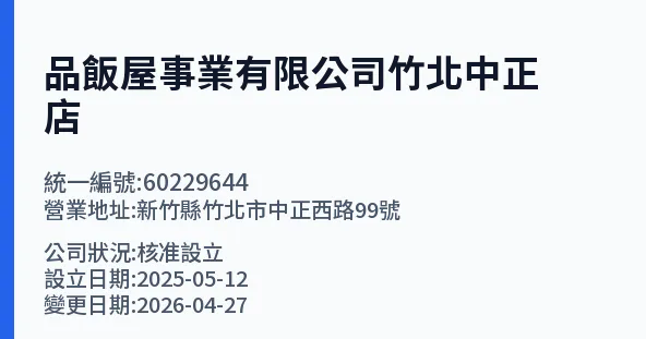 品飯屋事業有限公司竹北中正店的照片-統編 60229644(新竹縣) 公司登記資料與營業項目詳細圖表