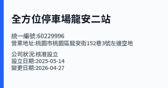 全方位停車場龍安二站的照片-統編 60229996(桃園市) 公司登記資料與營業項目詳細圖表
