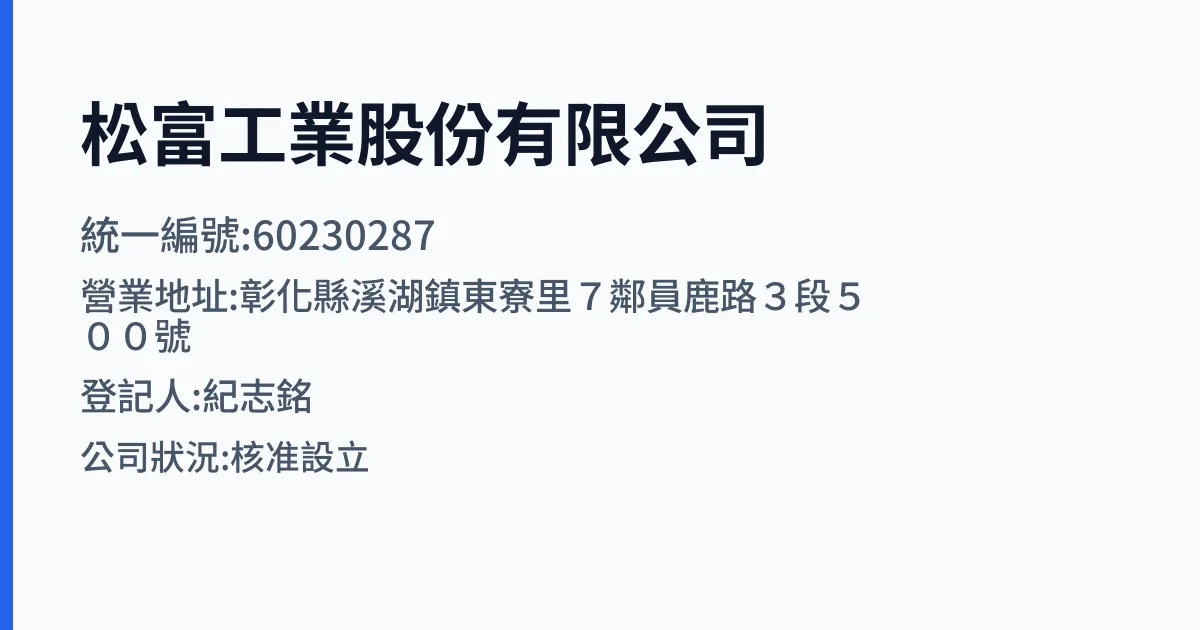 松富工業股份有限公司 - 統編 60230287(彰化縣) 公司登記資料與營業項目詳細圖表