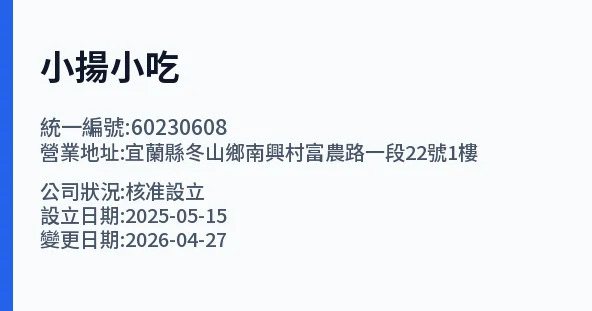 小揚小吃的照片-統編 60230608(宜蘭縣) 公司登記資料與營業項目詳細圖表