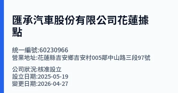 匯承汽車股份有限公司花蓮據點的照片-統編 60230966(花蓮縣) 公司登記資料與營業項目詳細圖表