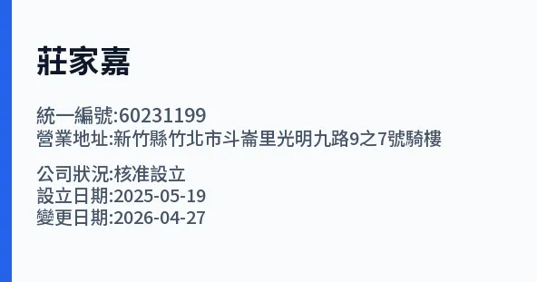 莊家嘉的照片-統編 60231199(新竹縣) 公司登記資料與營業項目詳細圖表