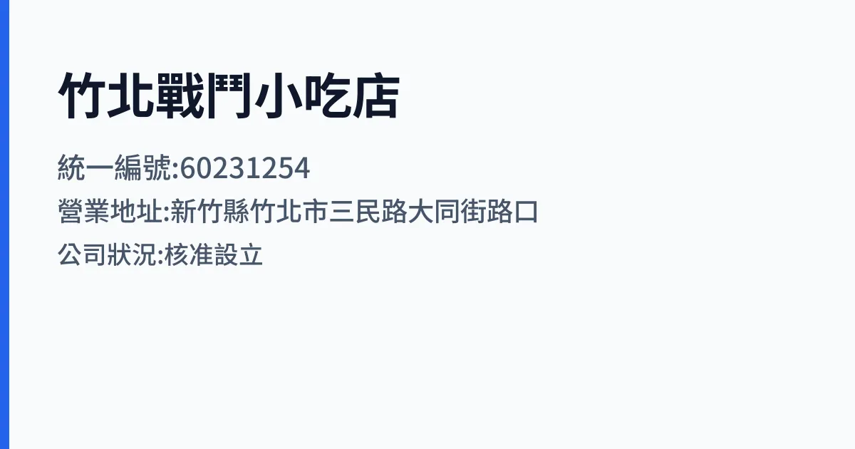 竹北戰鬥小吃店 - 統編 60231254(新竹縣) 公司登記資料與營業項目詳細圖表