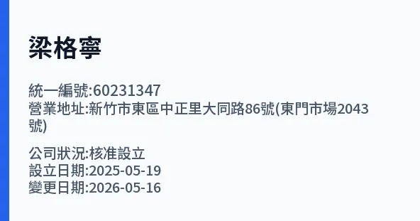 梁格寧的照片-統編 60231347(新竹市) 公司登記資料與營業項目詳細圖表