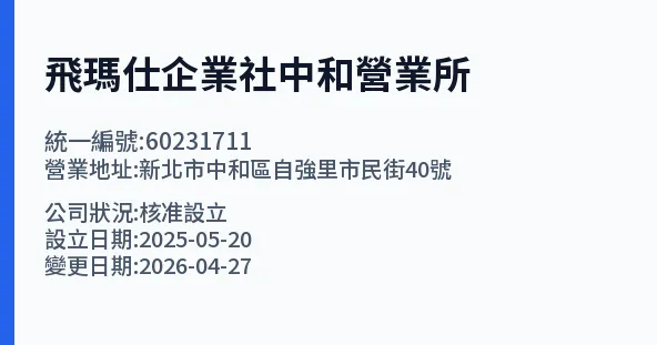 飛瑪仕企業社中和營業所的照片-統編 60231711(新北市) 公司登記資料與營業項目詳細圖表