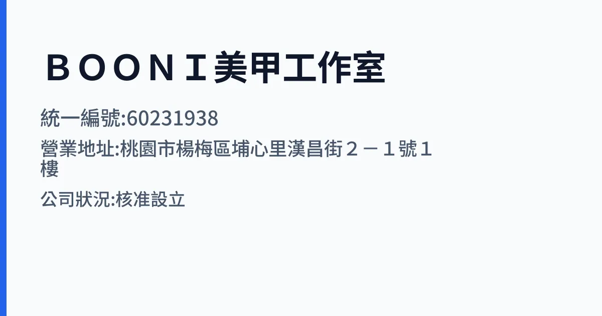 ＢＯＯＮＩ美甲工作室 - 統編 60231938(桃園市) 公司登記資料與營業項目詳細圖表
