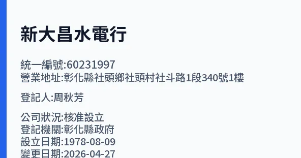 新大昌水電行的照片-統編 60231997(彰化縣) 公司登記資料與營業項目詳細圖表