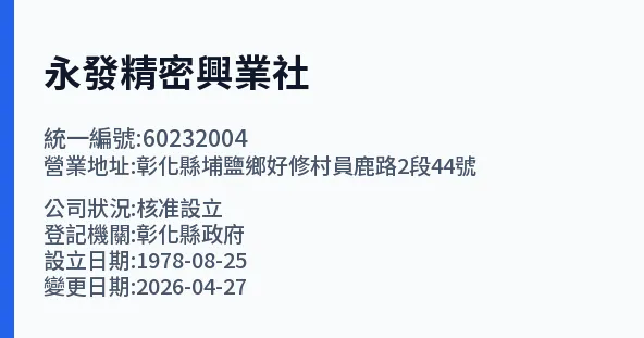 永發精密興業社的照片-統編 60232004(彰化縣) 公司登記資料與營業項目詳細圖表