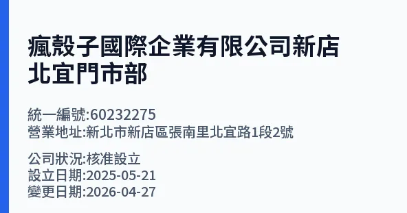 瘋殼子國際企業有限公司新店北宜門市部的照片-統編 60232275(新北市) 公司登記資料與營業項目詳細圖表