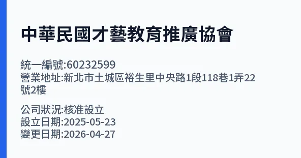 中華民國才藝教育推廣協會的照片-統編 60232599(新北市) 公司登記資料與營業項目詳細圖表