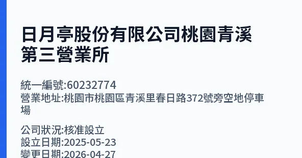日月亭股份有限公司桃園青溪第三營業所的照片-統編 60232774(桃園市) 公司登記資料與營業項目詳細圖表