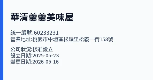 華清羹羹美味屋的照片-統編 60233231(桃園市) 公司登記資料與營業項目詳細圖表