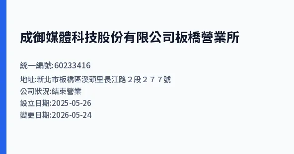 成御媒體科技股份有限公司板橋營業所的照片-統編 60233416(新北市) 公司登記資料與營業項目詳細圖表