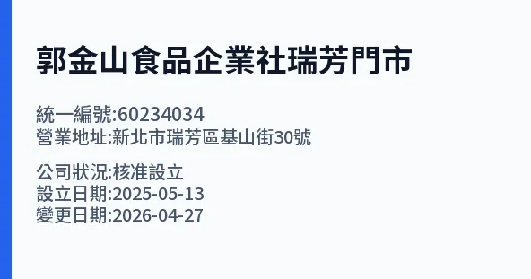郭金山食品企業社瑞芳門市的照片-統編 60234034(新北市) 公司登記資料與營業項目詳細圖表