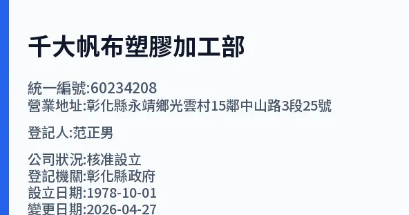 千大帆布塑膠加工部的照片-統編 60234208(彰化縣) 公司登記資料與營業項目詳細圖表
