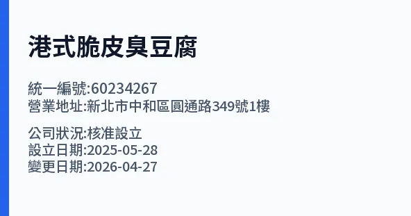 港式脆皮臭豆腐的照片-統編 60234267(新北市) 公司登記資料與營業項目詳細圖表