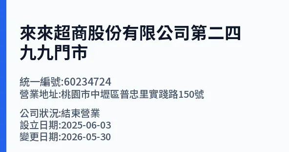 來來超商股份有限公司第二四九九門市的照片-統編 60234724(桃園市) 公司登記資料與營業項目詳細圖表