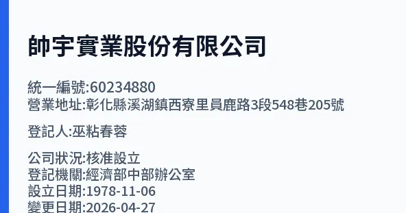 帥宇實業股份有限公司的照片-統編 60234880(彰化縣) 公司登記資料與營業項目詳細圖表
