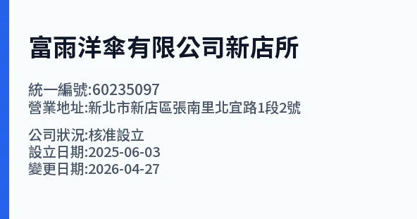 富雨洋傘有限公司新店所的照片-統編 60235097(新北市) 公司登記資料與營業項目詳細圖表