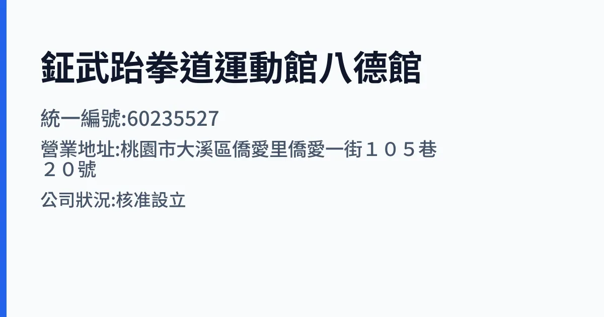 鉦武跆拳道運動館八德館 - 統編 60235527（桃園市） 公司登記資料與營業項目詳細圖表