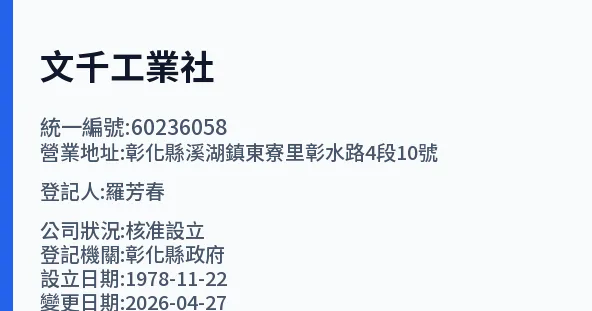 文千工業社的照片-統編 60236058(彰化縣) 公司登記資料與營業項目詳細圖表