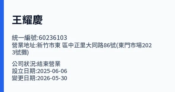 王耀慶的照片-統編 60236103(新竹市) 公司登記資料與營業項目詳細圖表