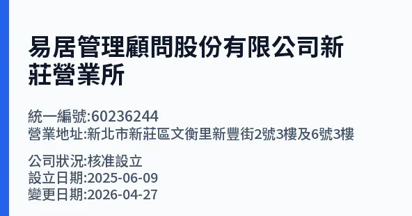 易居管理顧問股份有限公司新莊營業所的照片-統編 60236244(新北市) 公司登記資料與營業項目詳細圖表