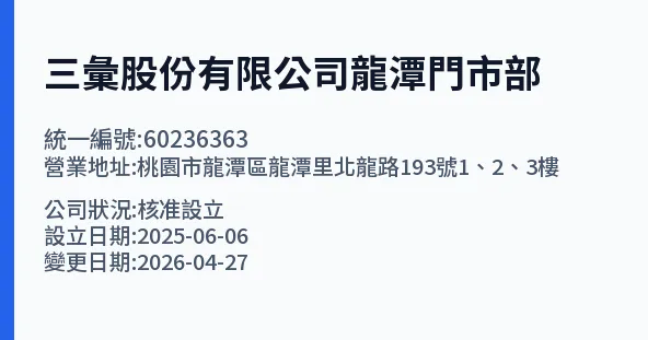三彙股份有限公司龍潭門市部的照片-統編 60236363(桃園市) 公司登記資料與營業項目詳細圖表