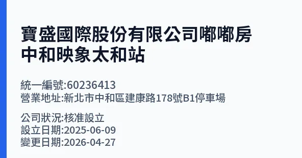 寶盛國際股份有限公司嘟嘟房中和映象太和站的照片-統編 60236413(新北市) 公司登記資料與營業項目詳細圖表