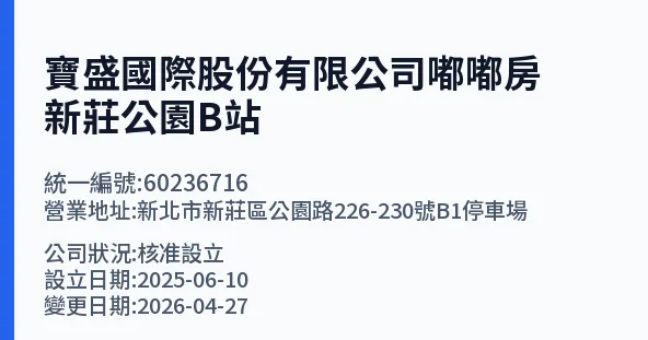 寶盛國際股份有限公司嘟嘟房新莊公園B站的照片-統編 60236716(新北市) 公司登記資料與營業項目詳細圖表