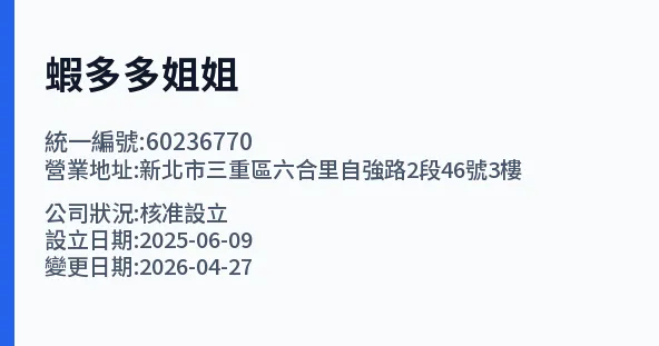 蝦多多姐姐的照片-統編 60236770(新北市) 公司登記資料與營業項目詳細圖表