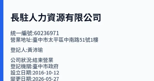 長駐人力資源有限公司的照片-統編 60236971(臺中市) 公司登記資料與營業項目詳細圖表
